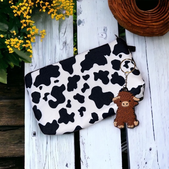 Bags | Cow Pattern Cosmetic Bag Highland Cow Keychain Set | Poshmark